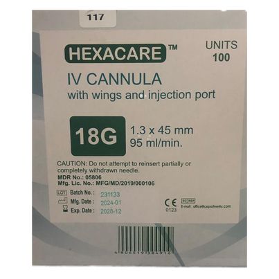 IV Cannula (Hexacare) With Wings And Injection Port 1.3 x 45mm 95ml/mi ...