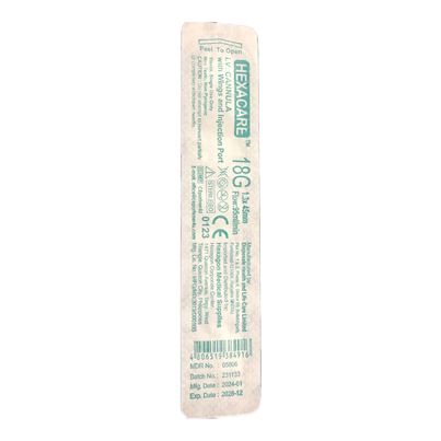 IV Cannula (Hexacare) With Wings And Injection Port 1.3 x 45mm 95ml/mi ...