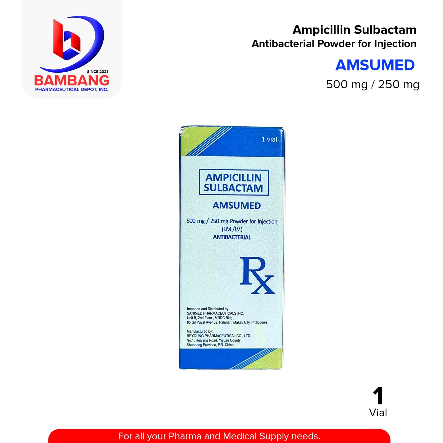 AMSUMED Ampicillin Sulbactam Antibacterial Powder for Injection 500mg ...