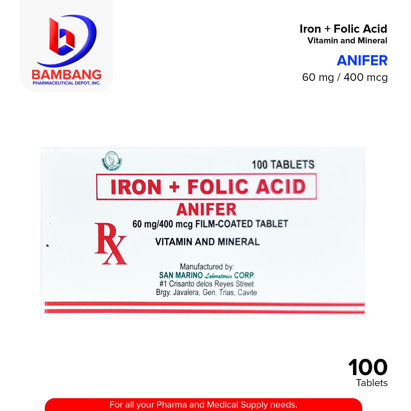 ANIFER Iron + Folic Acid Vitamin and Mineral 60 mg / 400 mcg Tablet 10 ...