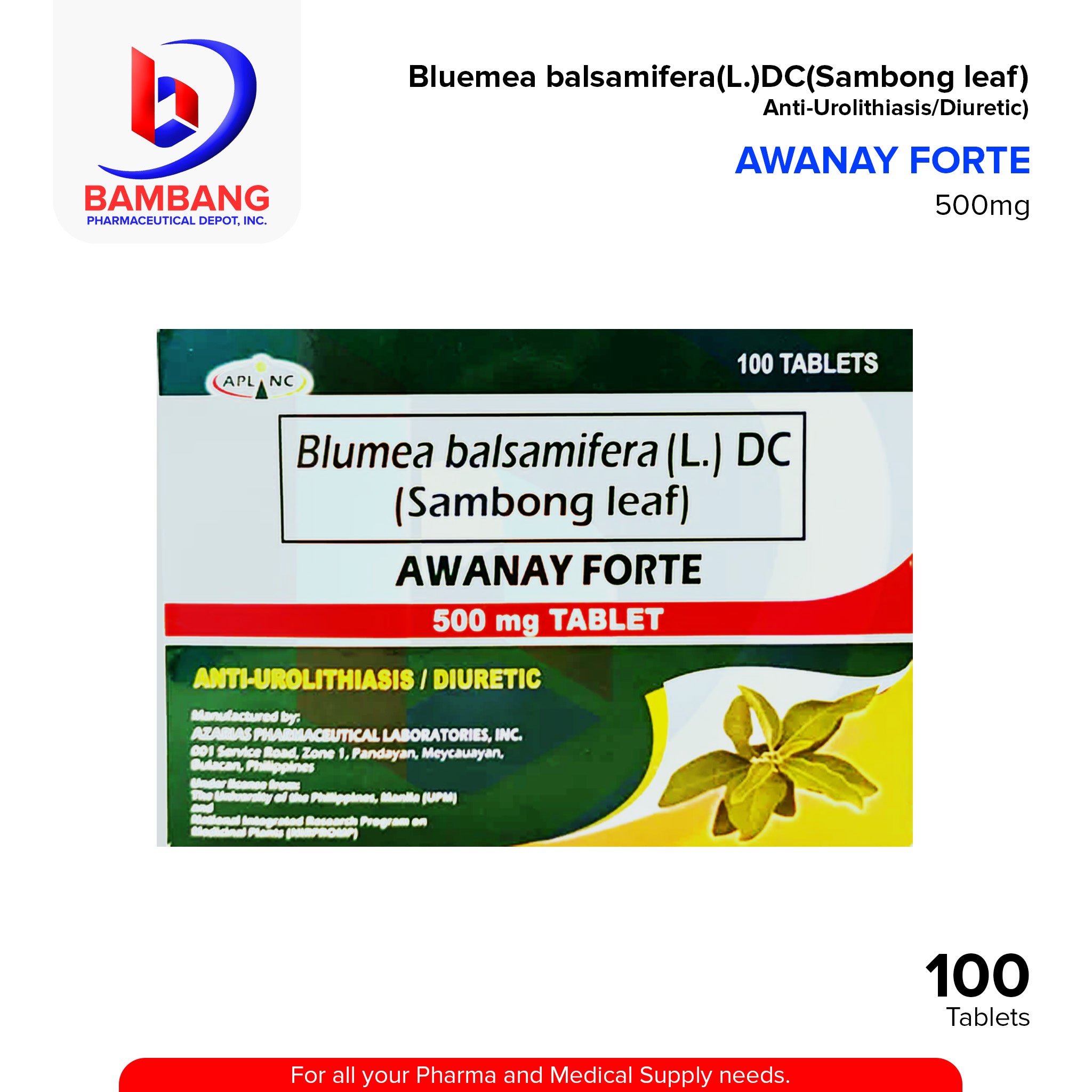 AWANAY FORTE Sambong Leaf Blumea Balsamifera (L.) DC 500mg Tablet 100 ...