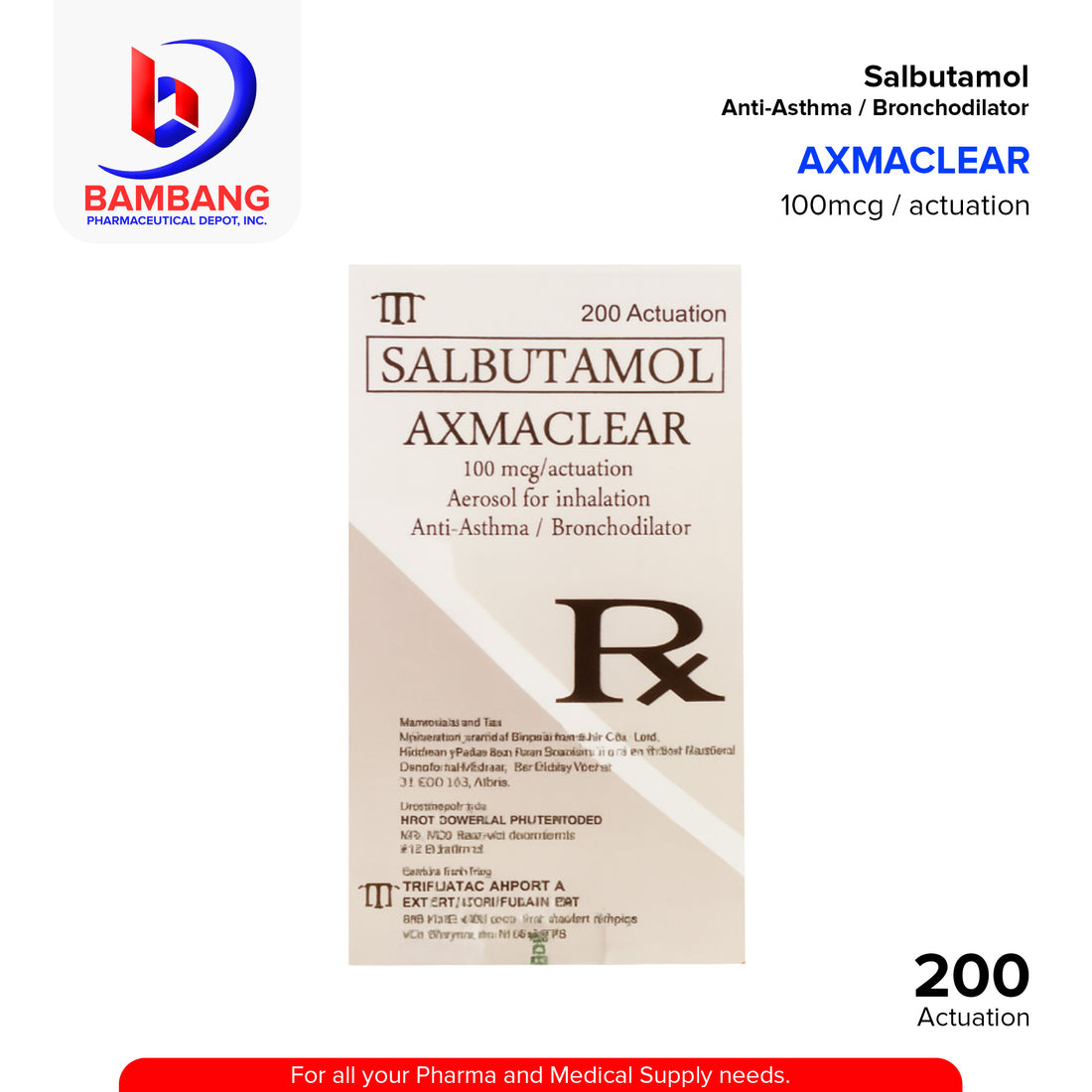 AXMACLEAR Salbutamol 100mcg/Actuation Aerosol for Inhalation 200's ...