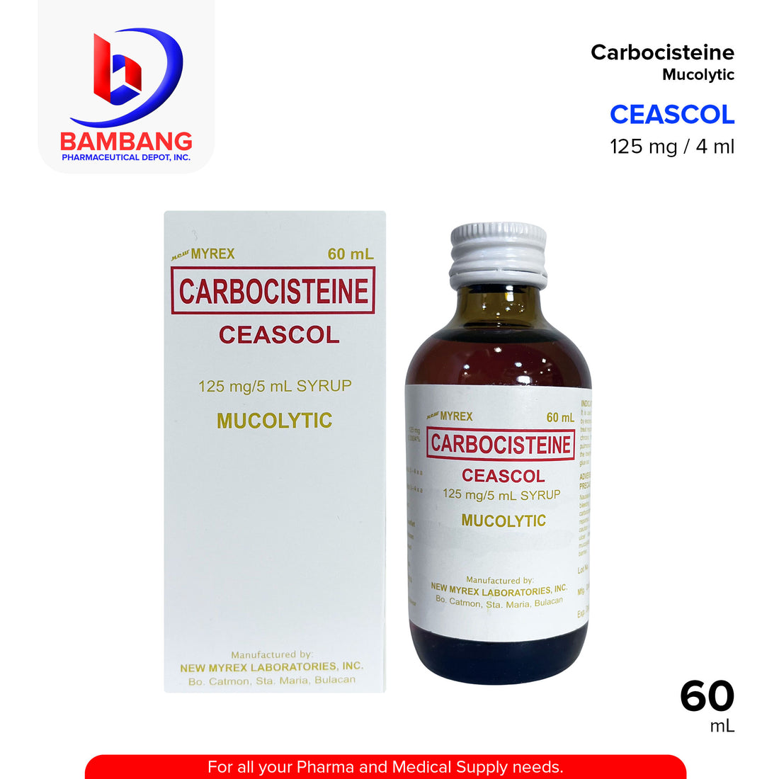 CEASCOL Carbocisteine Mucolytic 125 mg / 4 mL Syrup 60mL – Bambang ...