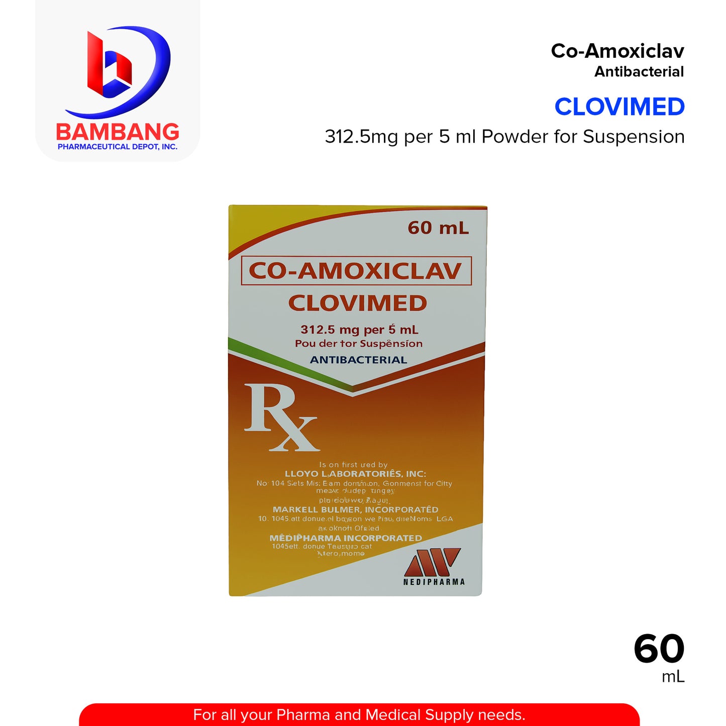 CLOVIMED Co Amoxiclav 312.5mg per 5 ml Powder for Suspension 60ml ...