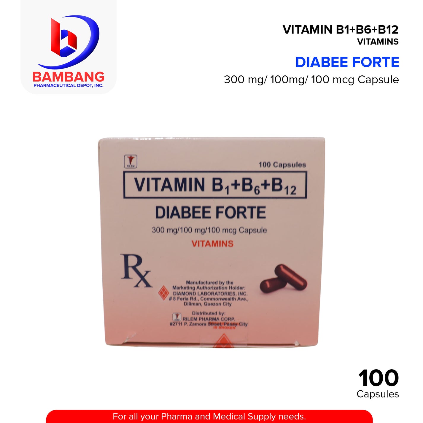 DIABEE FORTE Vitamin B1 B6 B12 300mg / 100mg / 100mcg Capsules 100's ...
