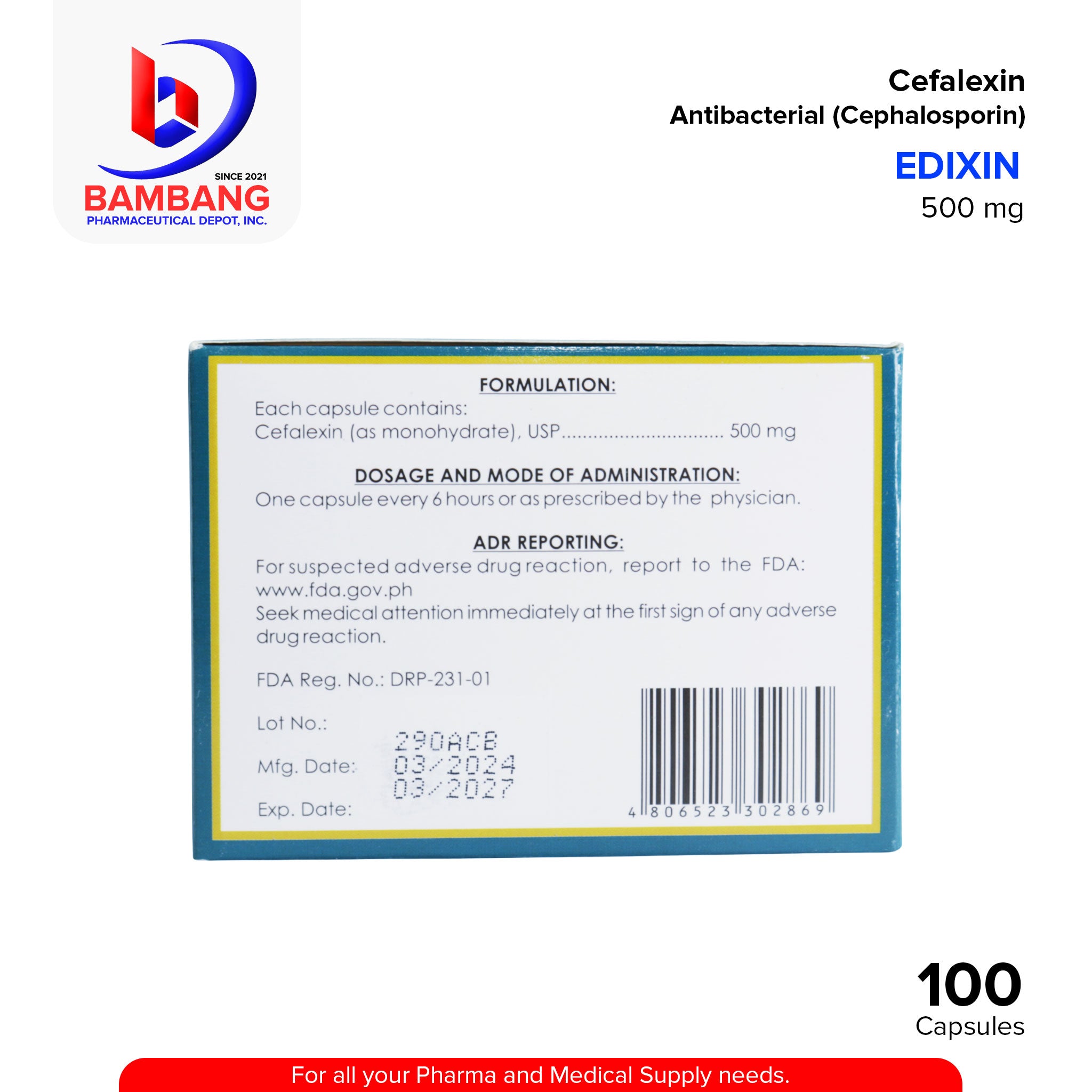 EDIXIN Cefalexin Anti Bacterial Cephalosporin 500mg Capsule 100's ...