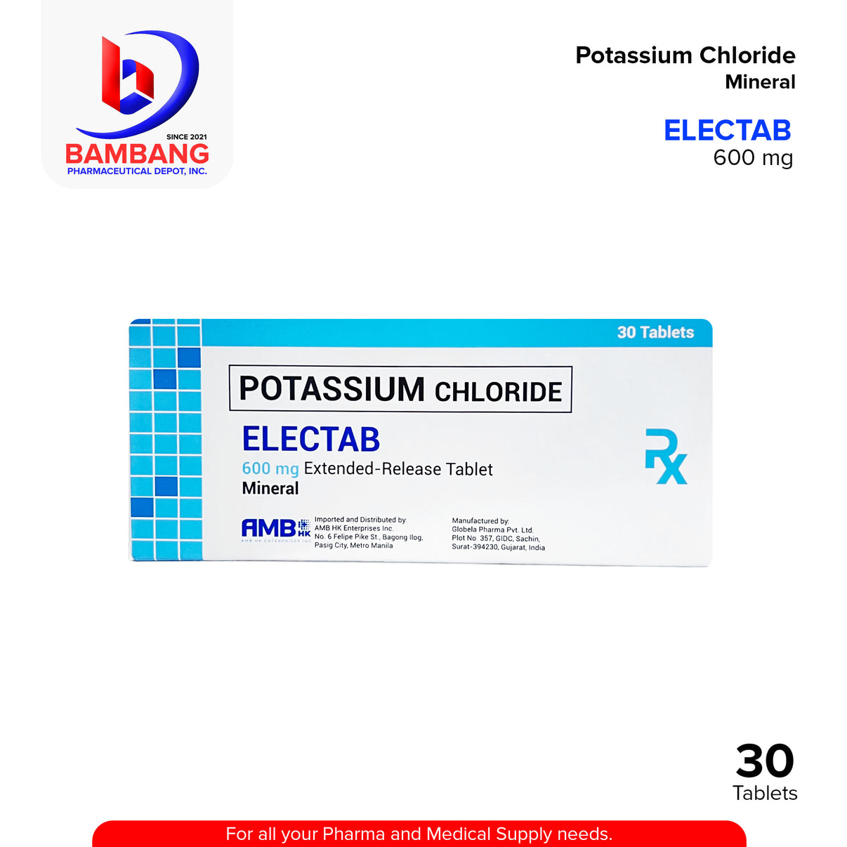 ELECTAB Potassium Chloride Mineral Extended Release Tablet 600 mg 30's ...