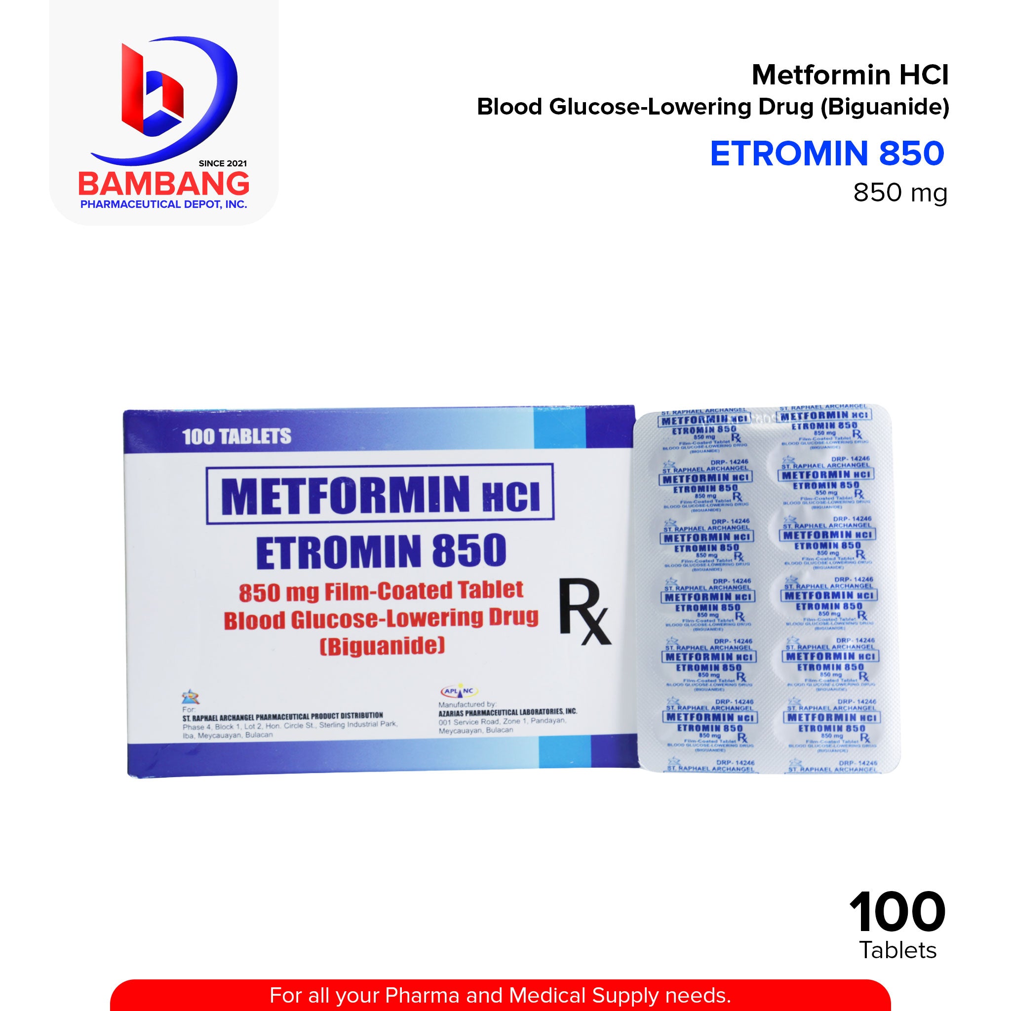 ETROMIN Metformin Blood Glucose Lowering Drug Biguanide 850mg Film-Coa ...