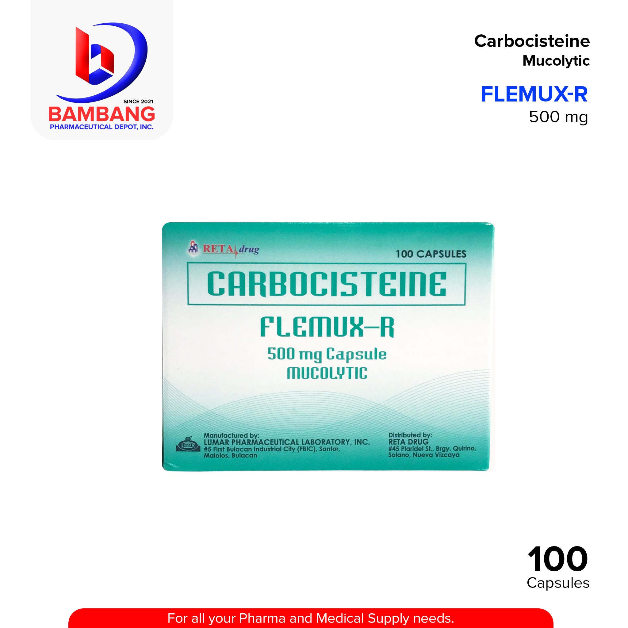 FLEMUX R Carbocisteine Mucolytic 500 mg Capsules 100's – Bambang ...