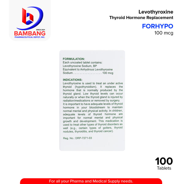 FORHYPO Levothyroxine Thyroid Hormone Replacement 100 mcg Tablet 100's ...