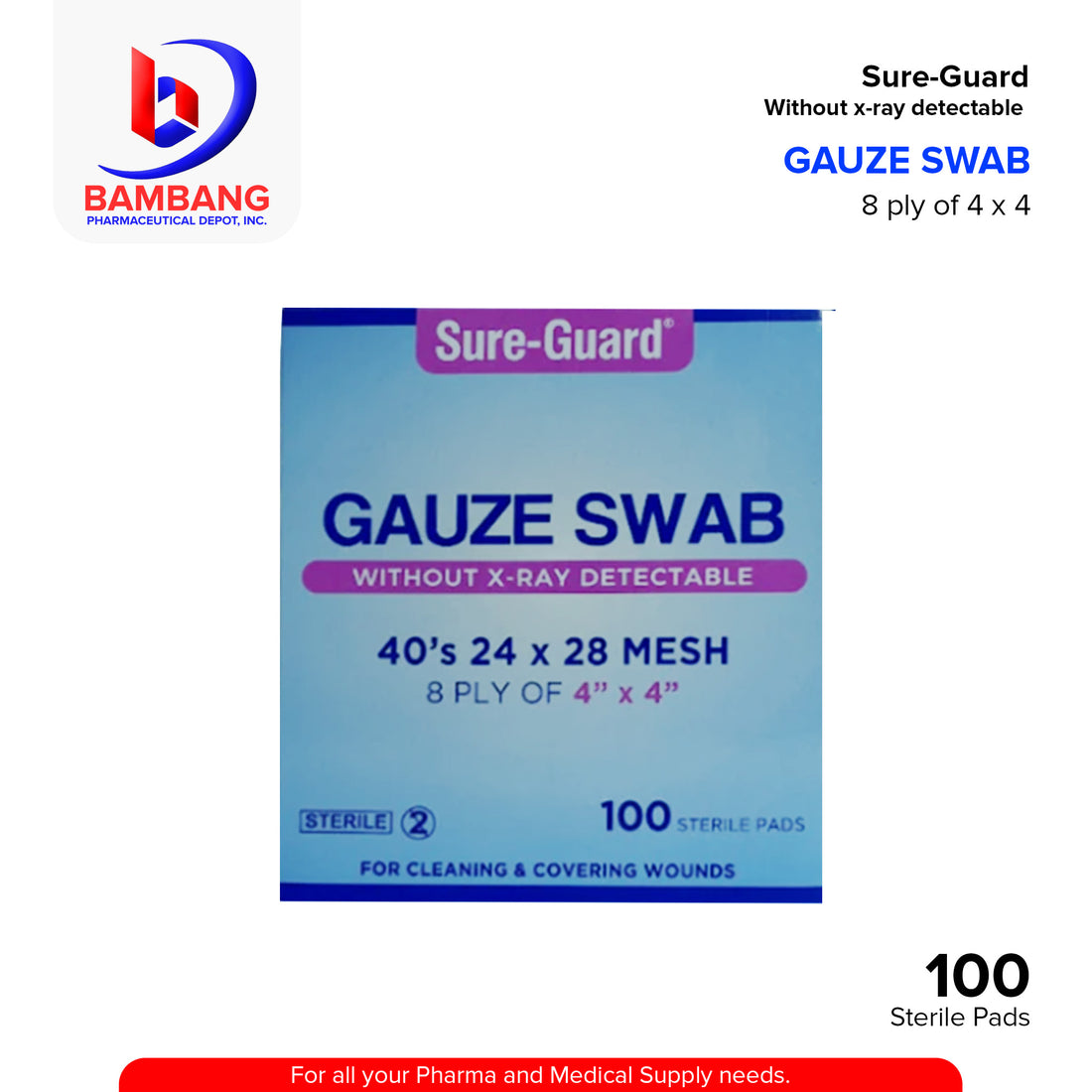 SUREGUARD Gauze Swab 24x28 8ply of 4" x 4" Mesh Sterile Pads 100's ...