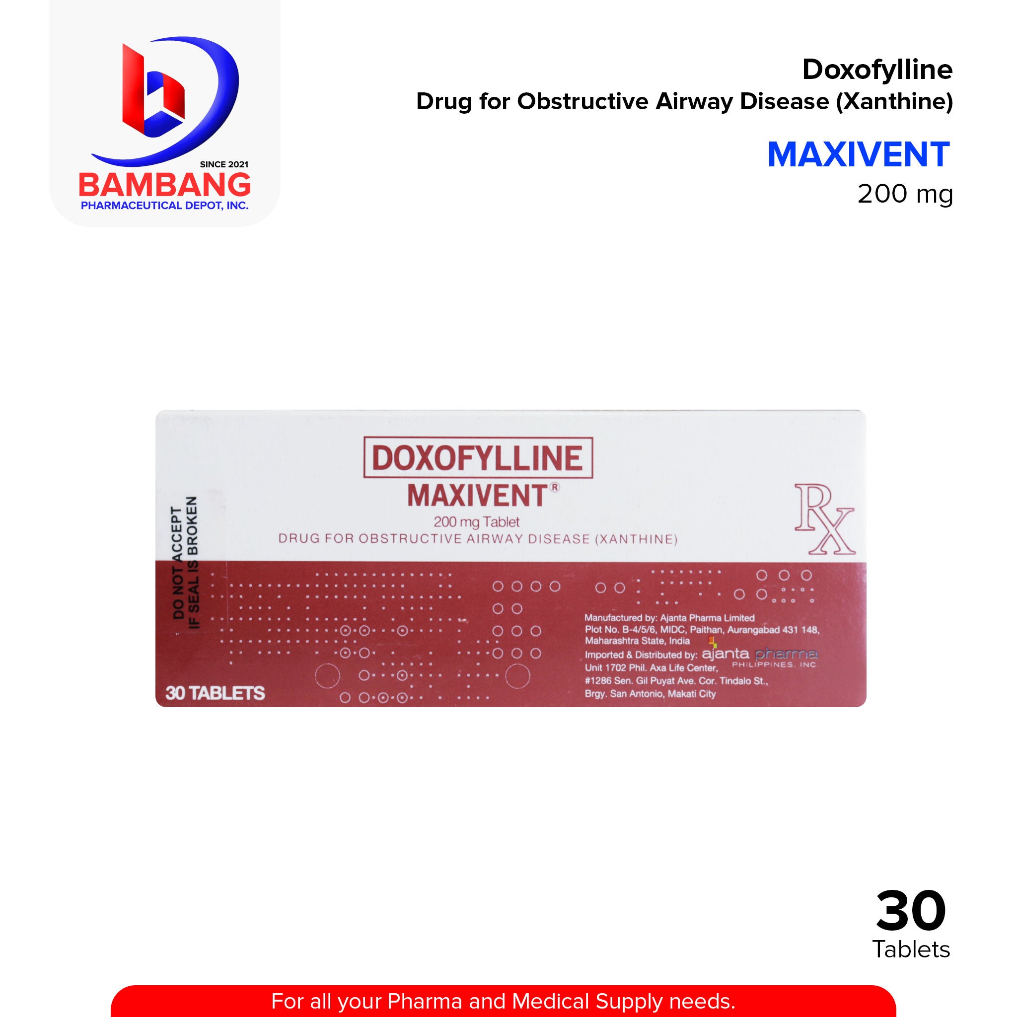 MAXIVENT Doxofylline for Obstructive Airway Xanthine 200mg Tablet 30's – Bambang Pharmaceutical ...