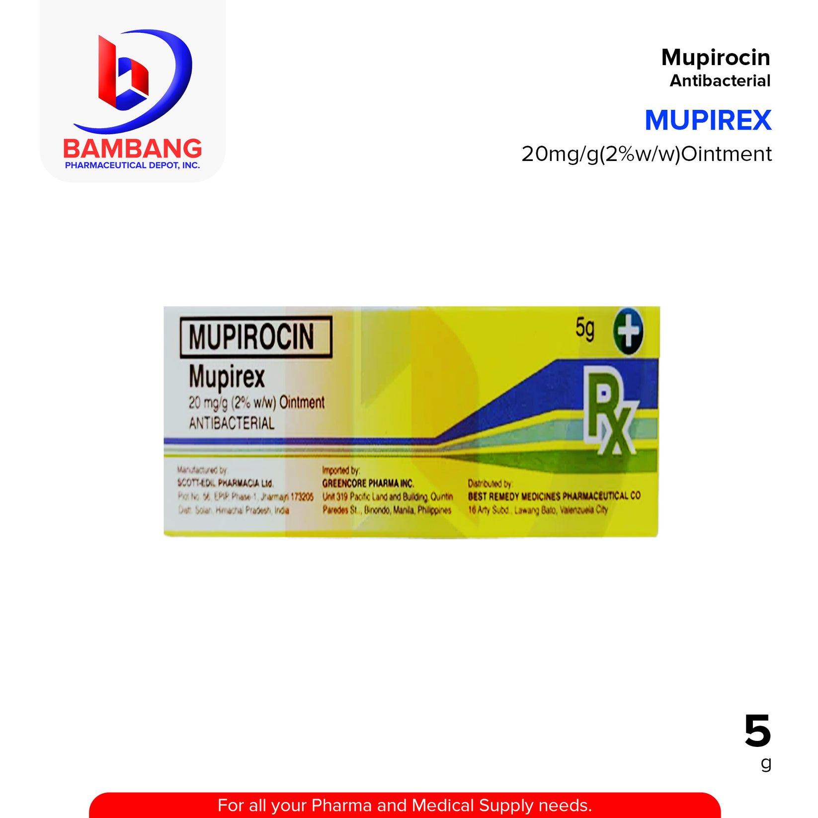 MUPIREX Mupirocin 20mg/g (2@ w/w) Ointment 5g – Bambang Pharmaceutical ...