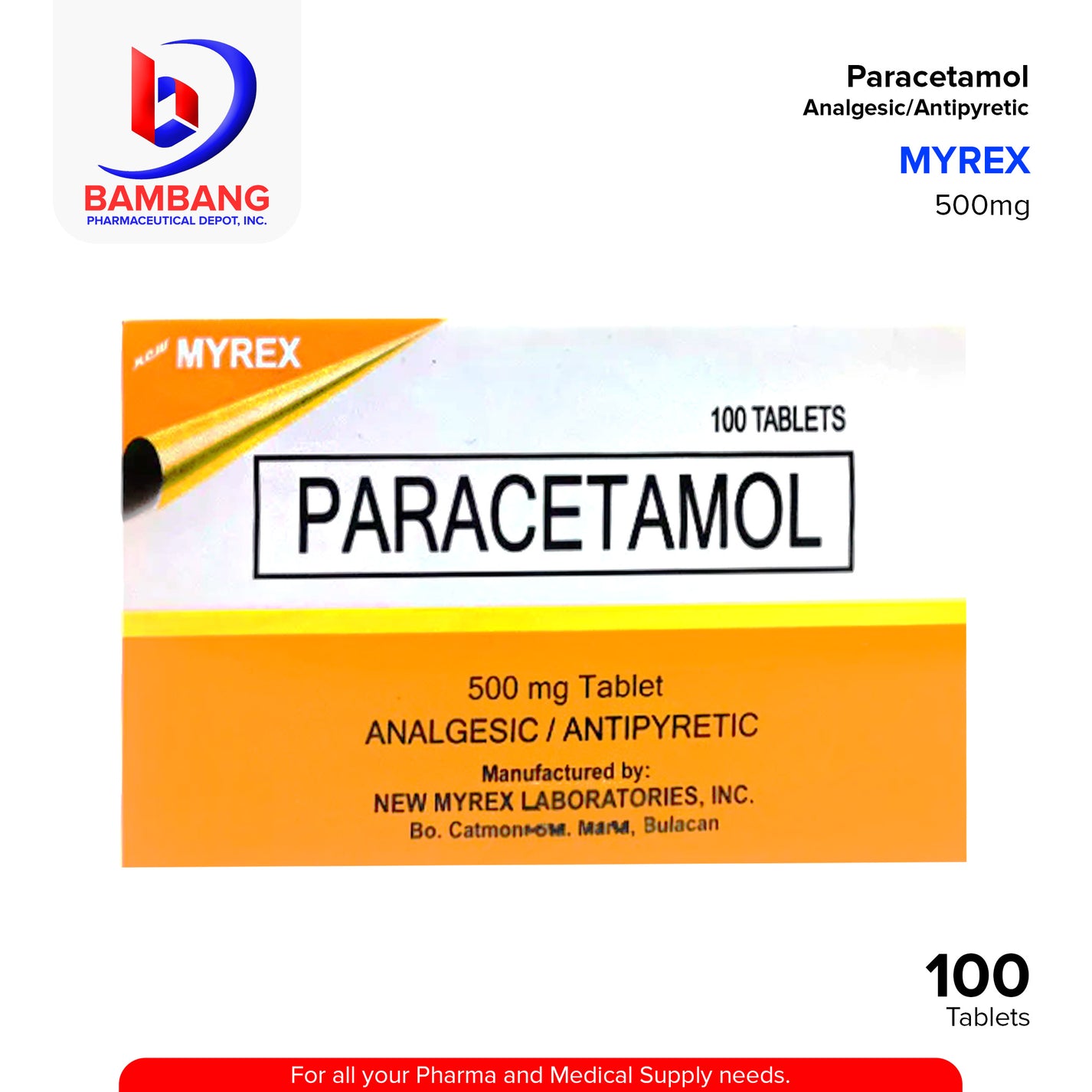 MYREX Paracetamol 500mg Tablet 100's – Bambang Pharmaceutical Depot Inc.