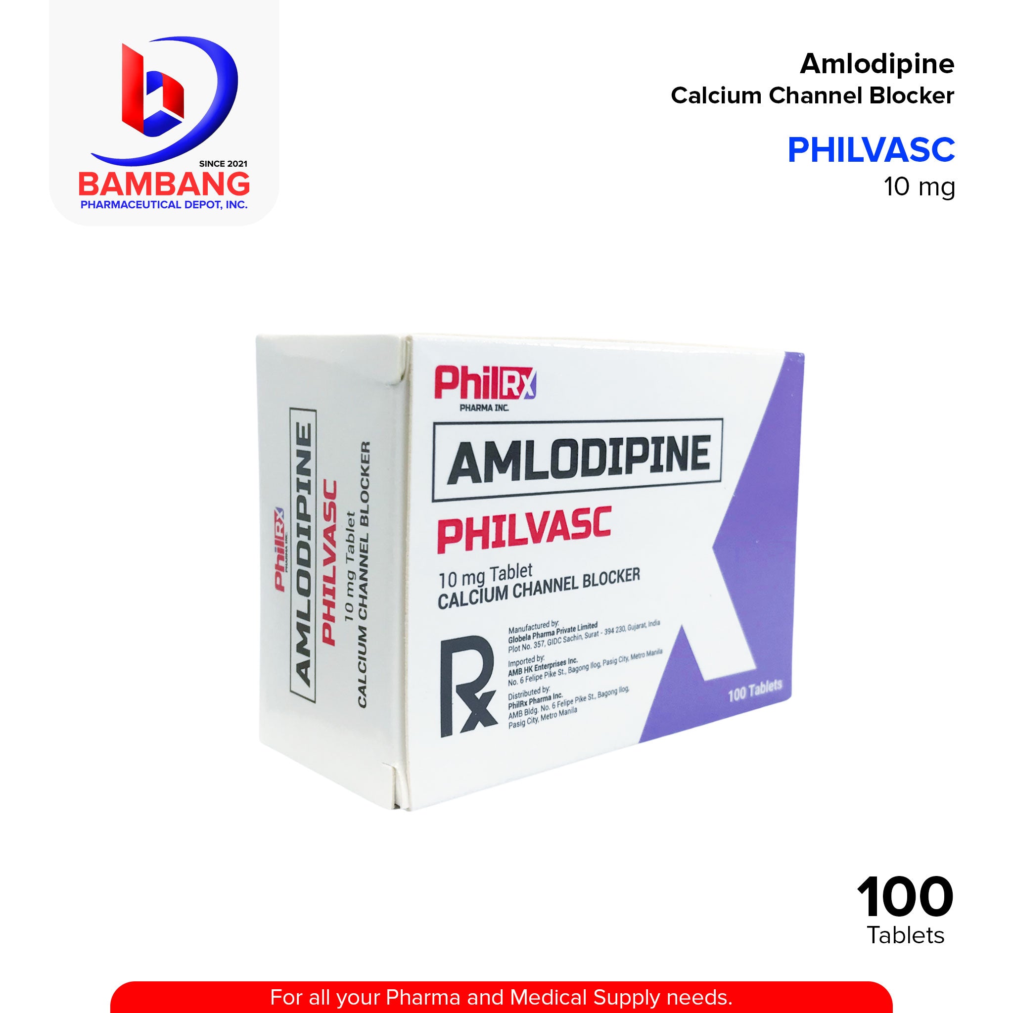 PHILVASC Amlodipine Calcium Channel Blocker 10 mg 100 Tablets – Bambang ...
