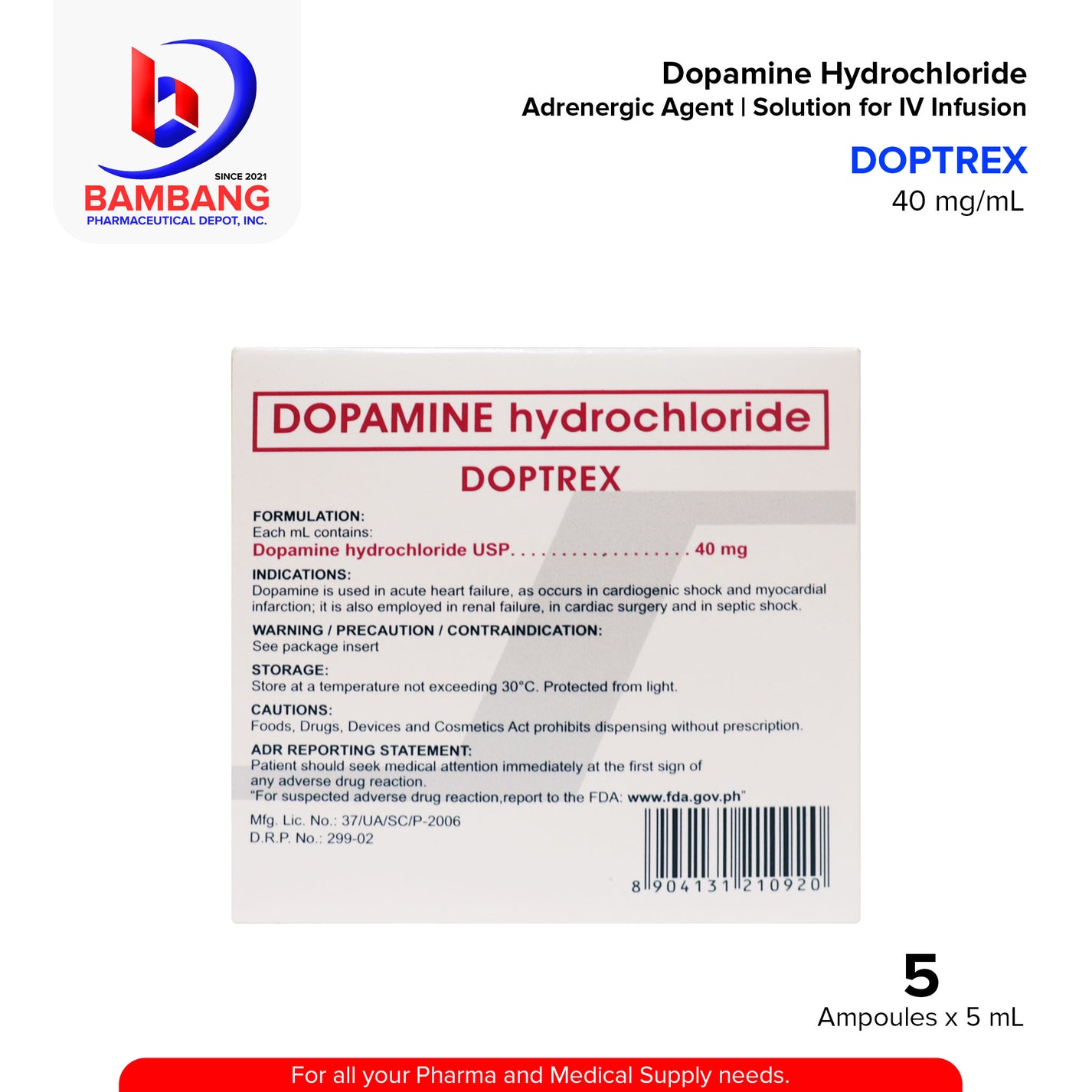 DOPTREX Dopamine Hydrochloride 40mg/ml Solution for IV Infusion 5ml x ...