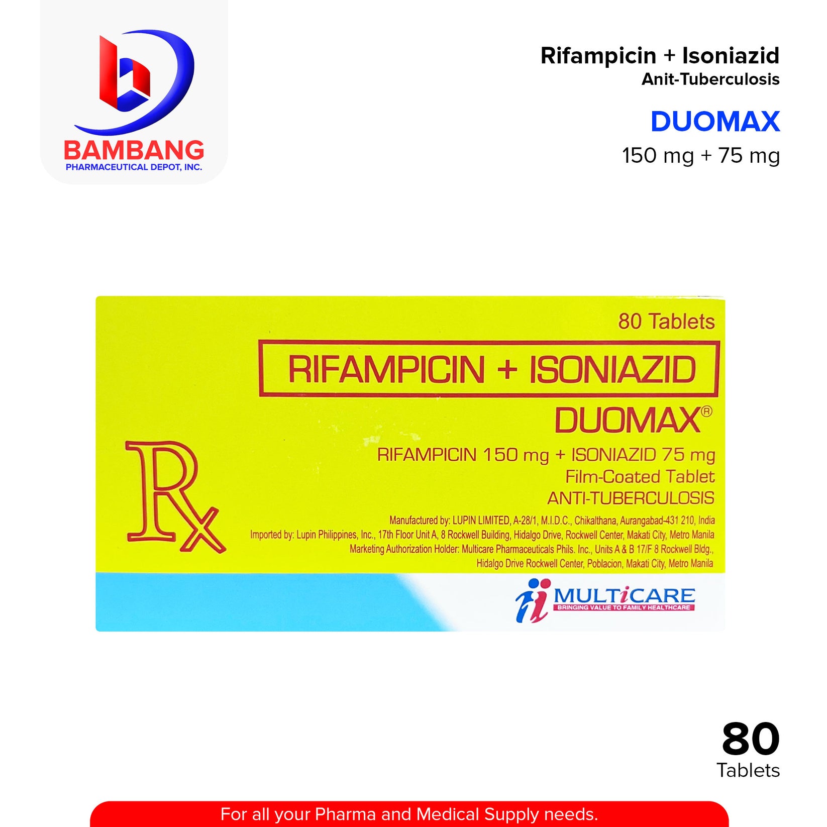 DUOMAX Rifampicin 150 mg + Isoniazid 75 mg Anti-Tuberculosis Tablet 80 ...