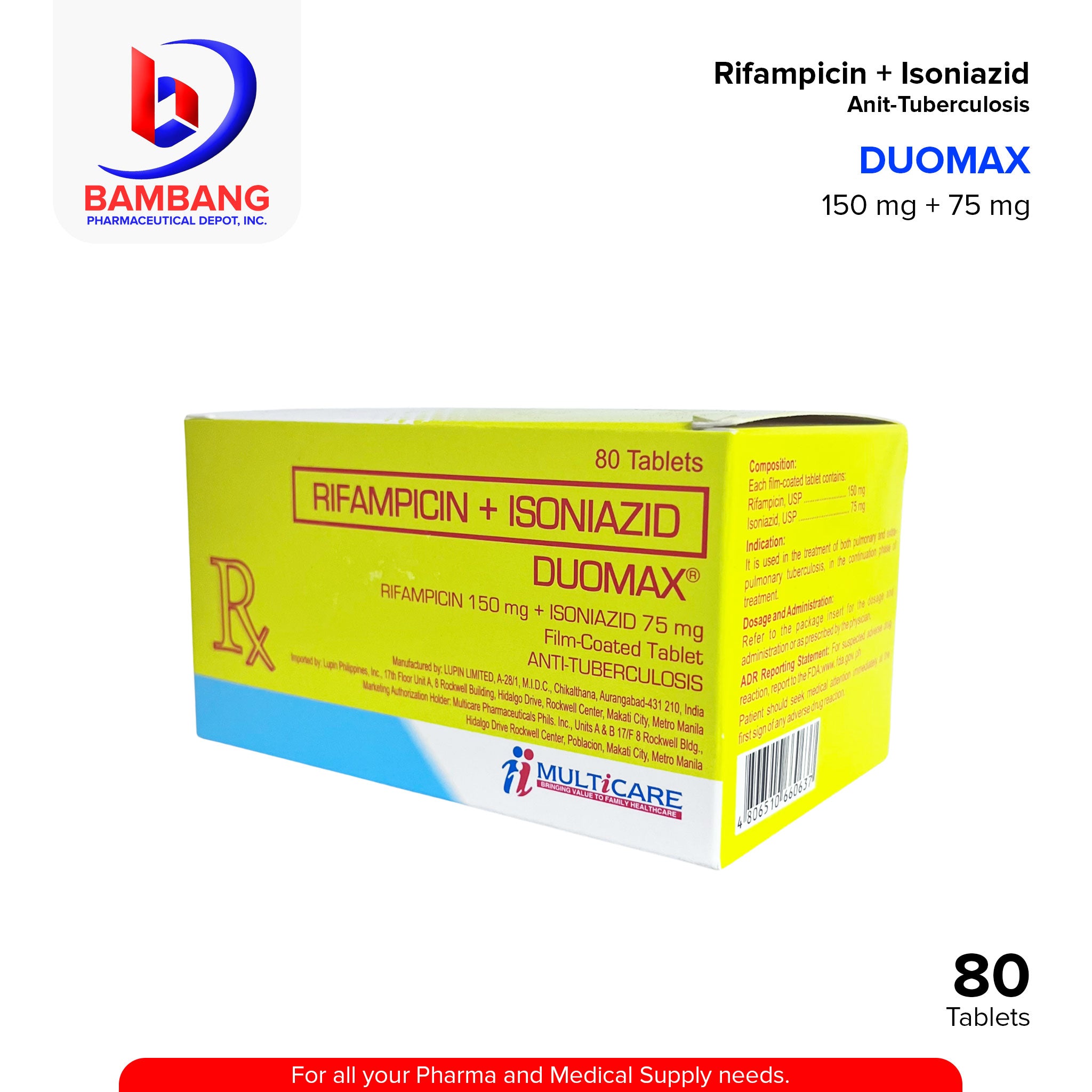 DUOMAX Rifampicin 150 mg + Isoniazid 75 mg Anti-Tuberculosis Tablet 80 ...
