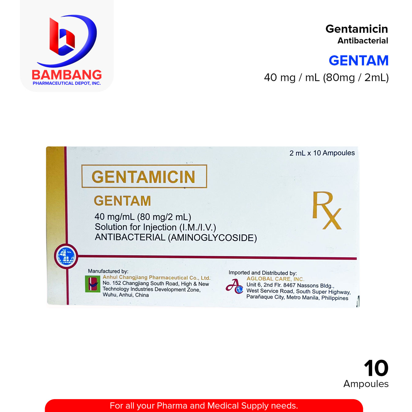 GENTAM Gentamicin 40 mg/mL 80mg/2 mL Antibacterial Ampoules 10's ...
