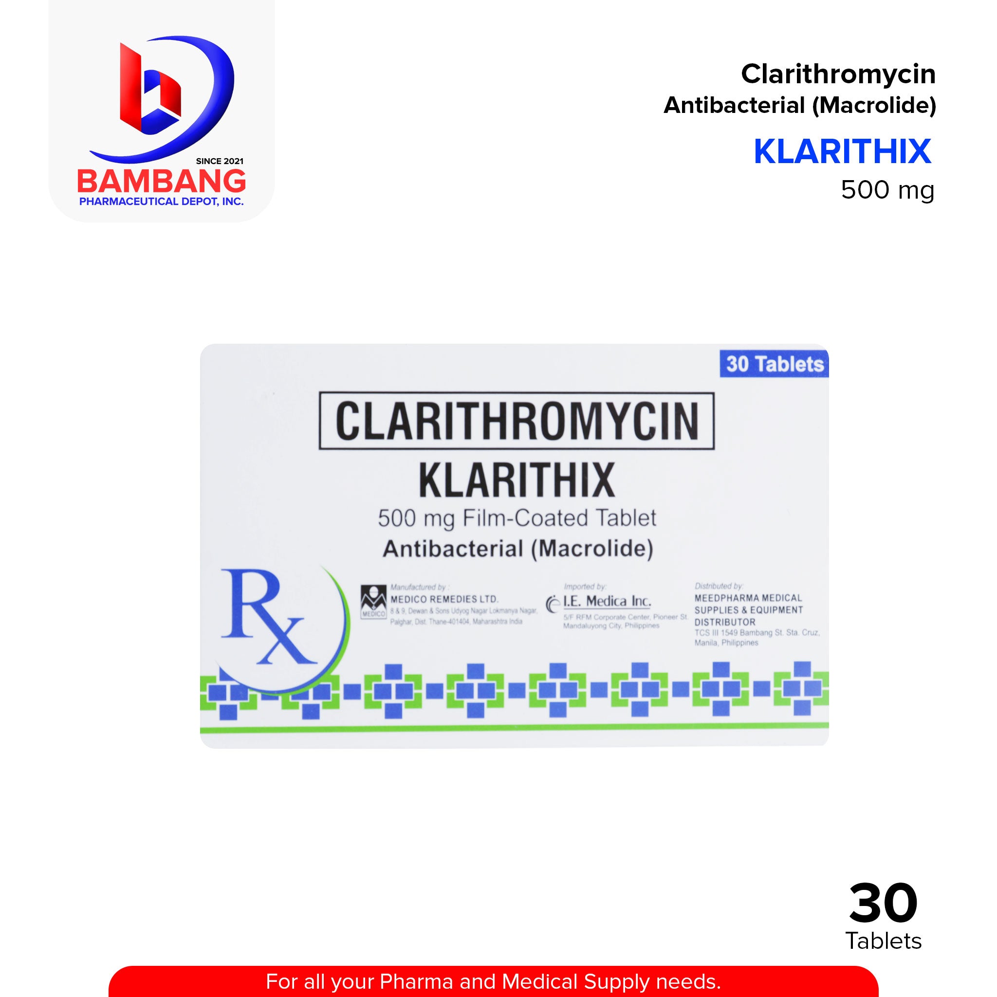 KLARITHIX Clarithromycin Antibacterial Macrolide 500mg Tablet 30's ...