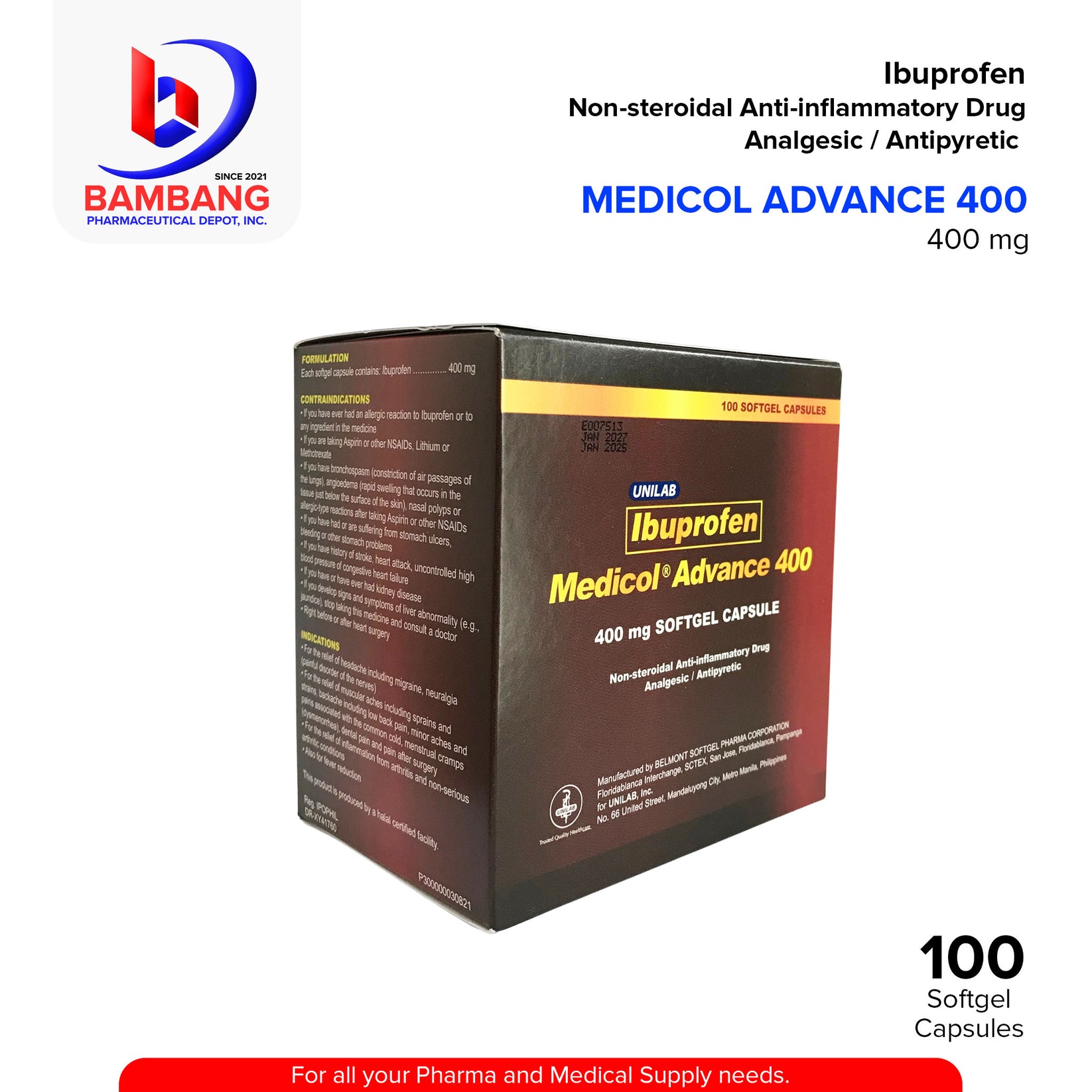 MEDICOL ADVANCE 400 Ibuprofen 400mg Soft gel Capsule 100's – Bambang ...