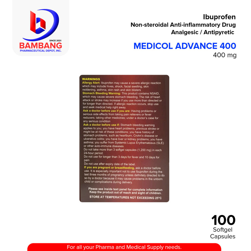MEDICOL ADVANCE 400 Ibuprofen 400mg Soft gel Capsule 100's – Bambang ...