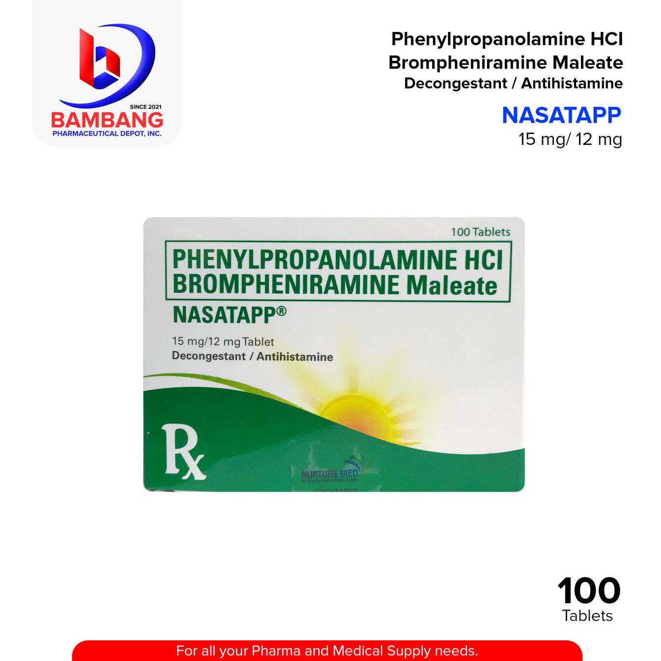 NASATAPP Phenylpropanolamine HCI Bromphenamine Maleate 15mg/12mg Table ...