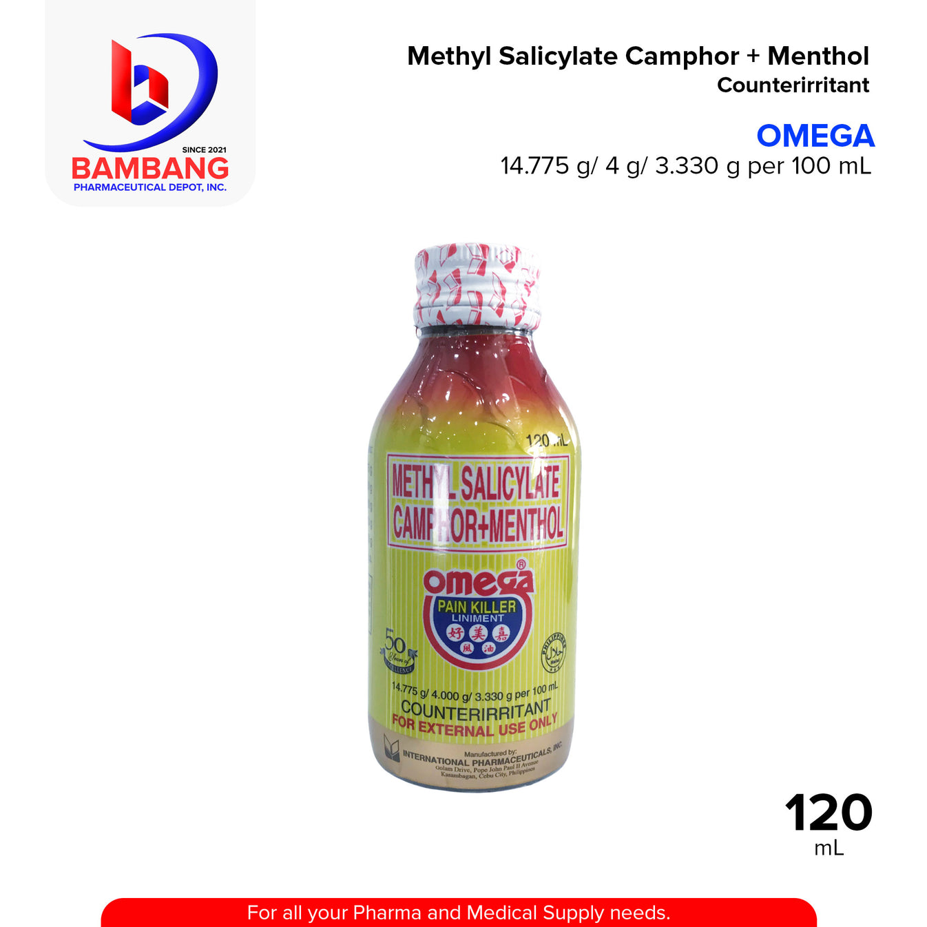 OMEGA Methyl Salicylate Camphor + Menthol Pain killer Liniment 120mL ...