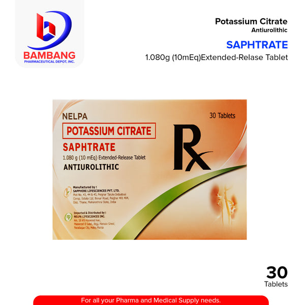 SAPHTRATE Potassium Citrate 1.080g (10mEq) Extended Release Tablet 30 ...