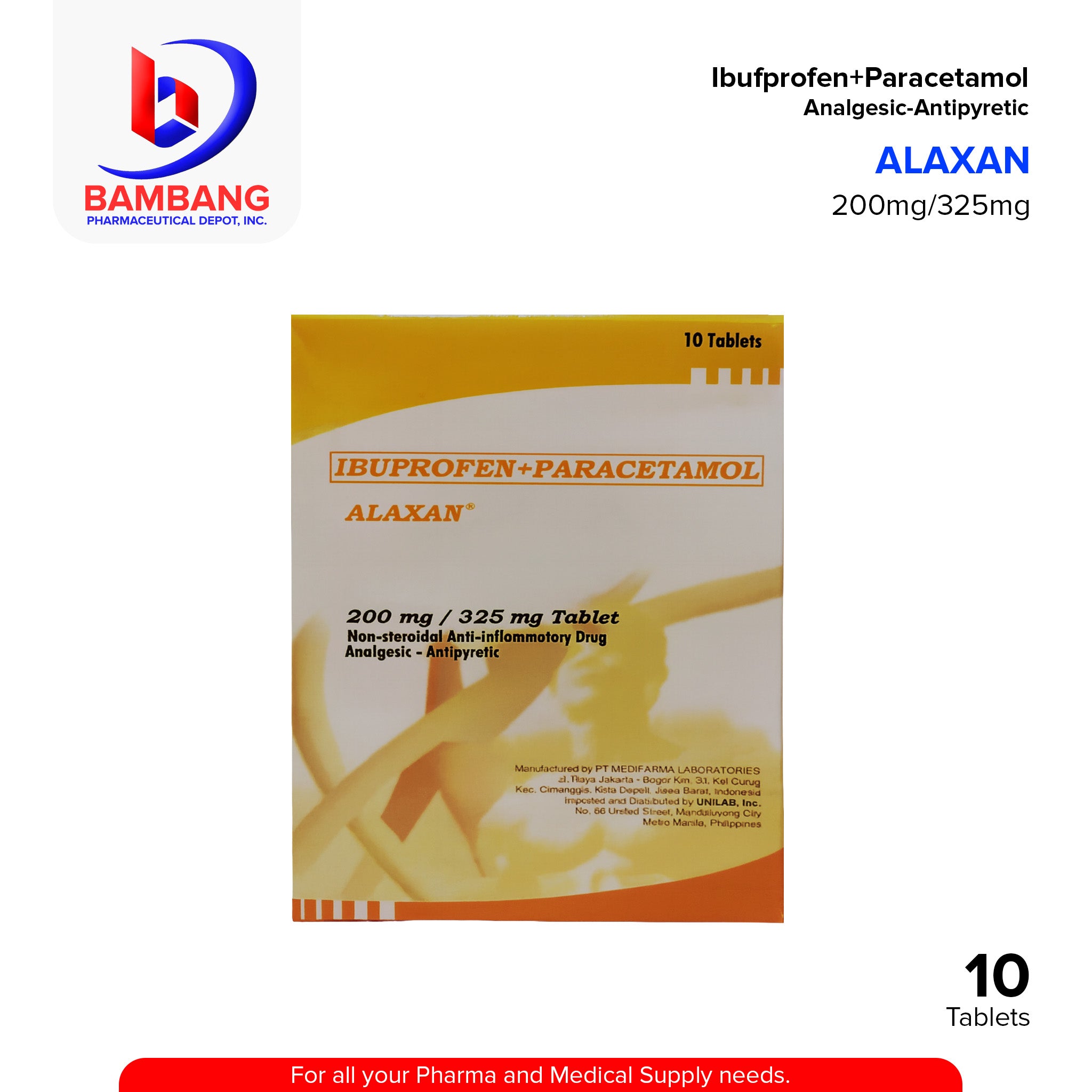 ALAXAN Ibuprofen + Paracetamol 200mg/325 mg Tablet 10's – Bambang ...