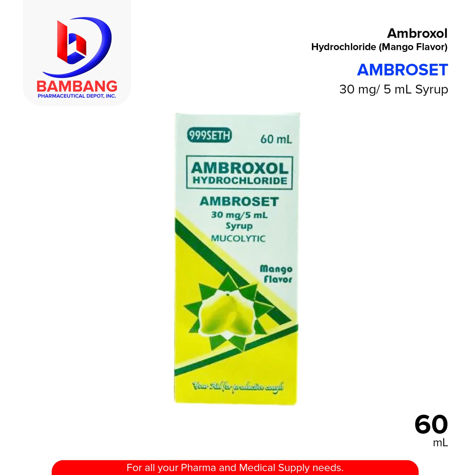 AMBROSET Ambroxol Hydrochloride 30mg / 5ml Syrup Mucolytic 60ml ...
