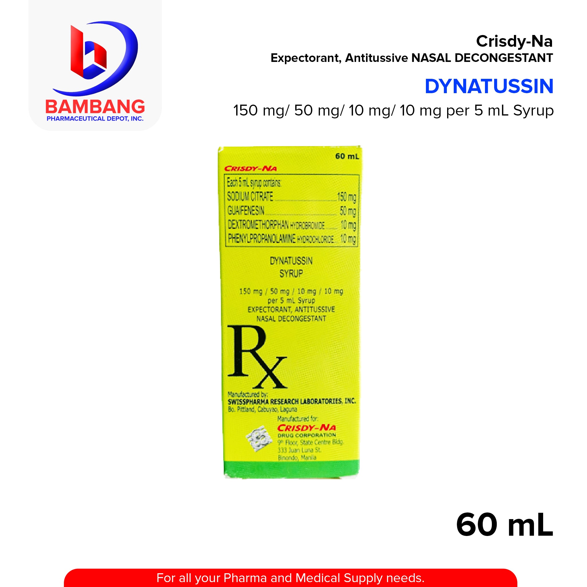 Dynatussin 150mg/50mg/10mg/10mg per 5ml Syrup 60ml – Bambang ...