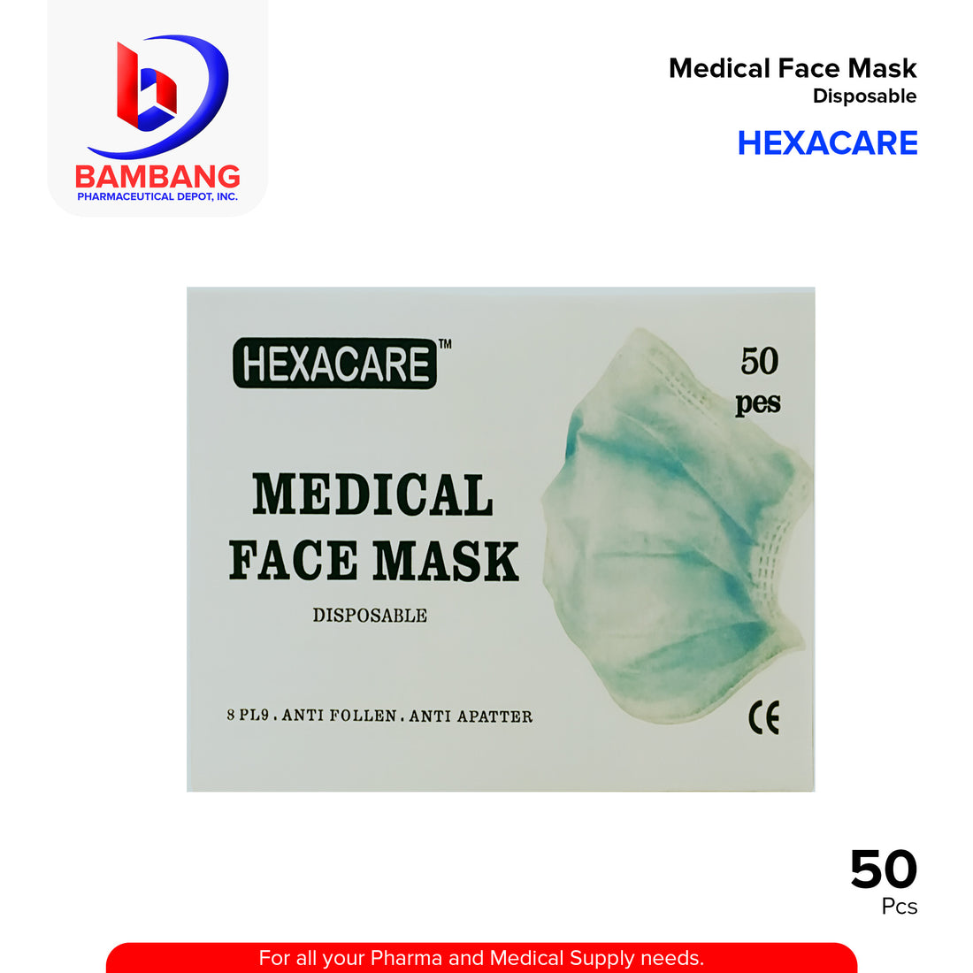 HEXACARE Disposable Face Mask 3 Ply Anti Pollen Pieces 50's – Bambang ...