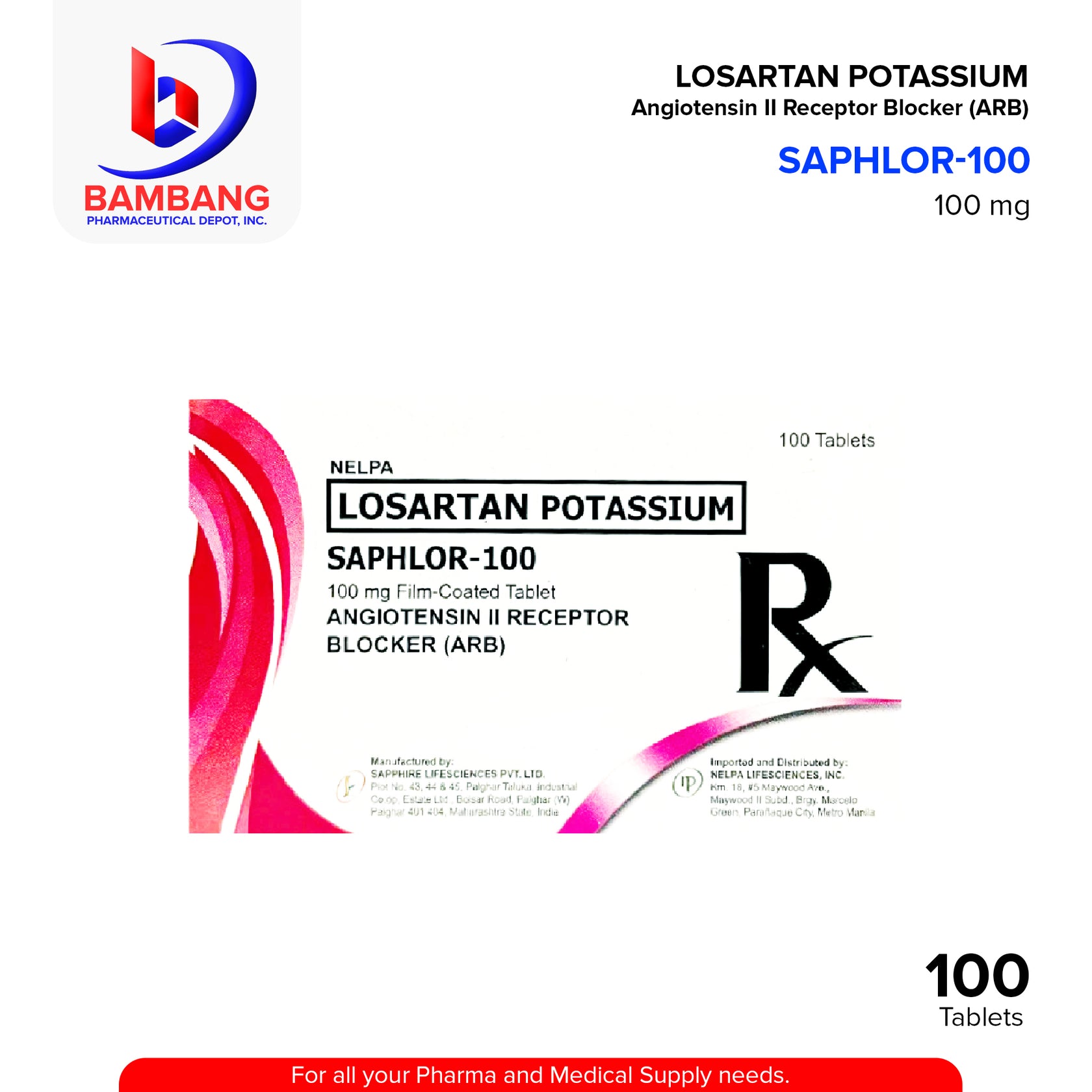 SAPHLOR Losartan Potassium 100mg Film Coated Tablet 100's – Bambang ...