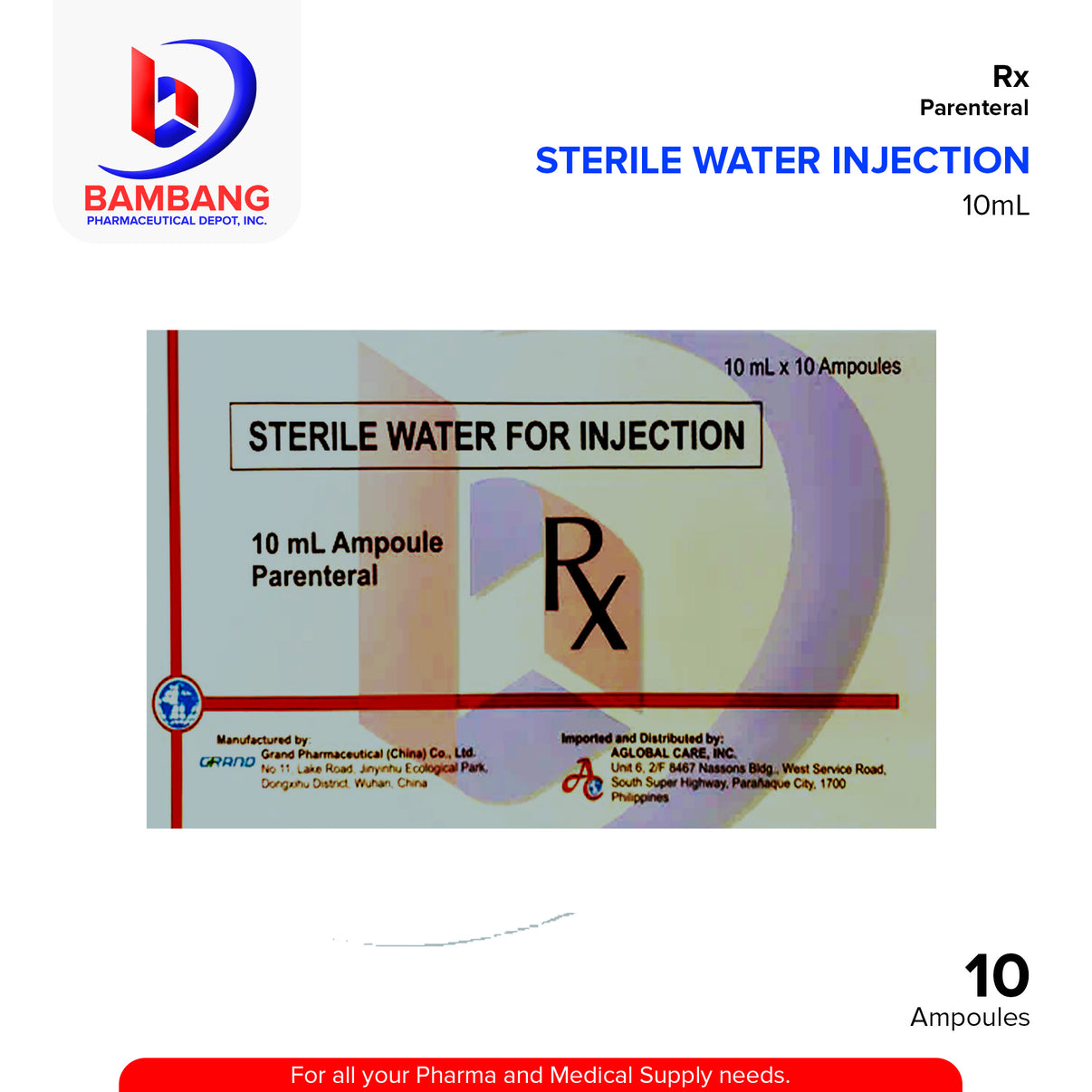 GRAND PHARMA Sterile Water for Injection 10ml x Ampoule 10's – Bambang ...